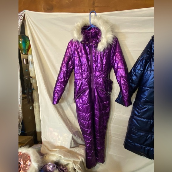 Yousify | Jackets & Coats | Purple Shiny Snowsuit With Faux Fur Trim ...